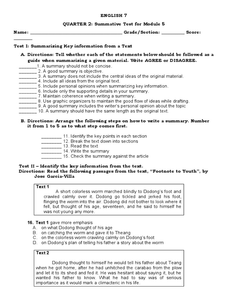 English 7 Q2 Module 5 Summative 1 | PDF | Bullying