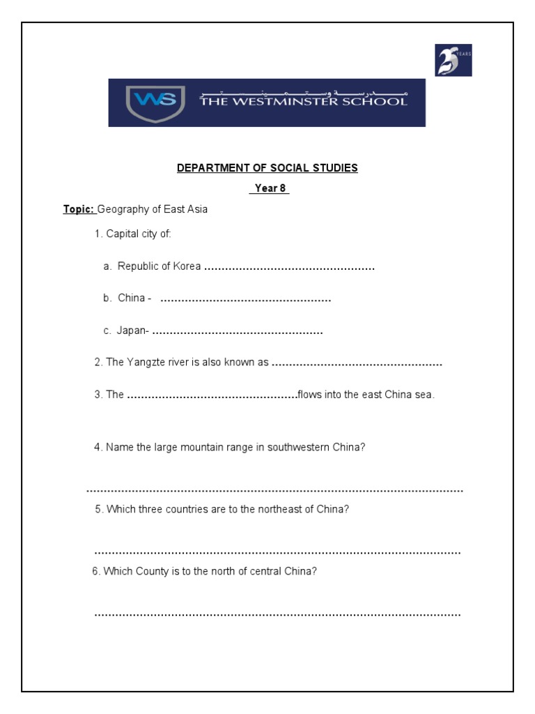 Yr8 - SST - Geography of East Asia - Worksheet | PDF