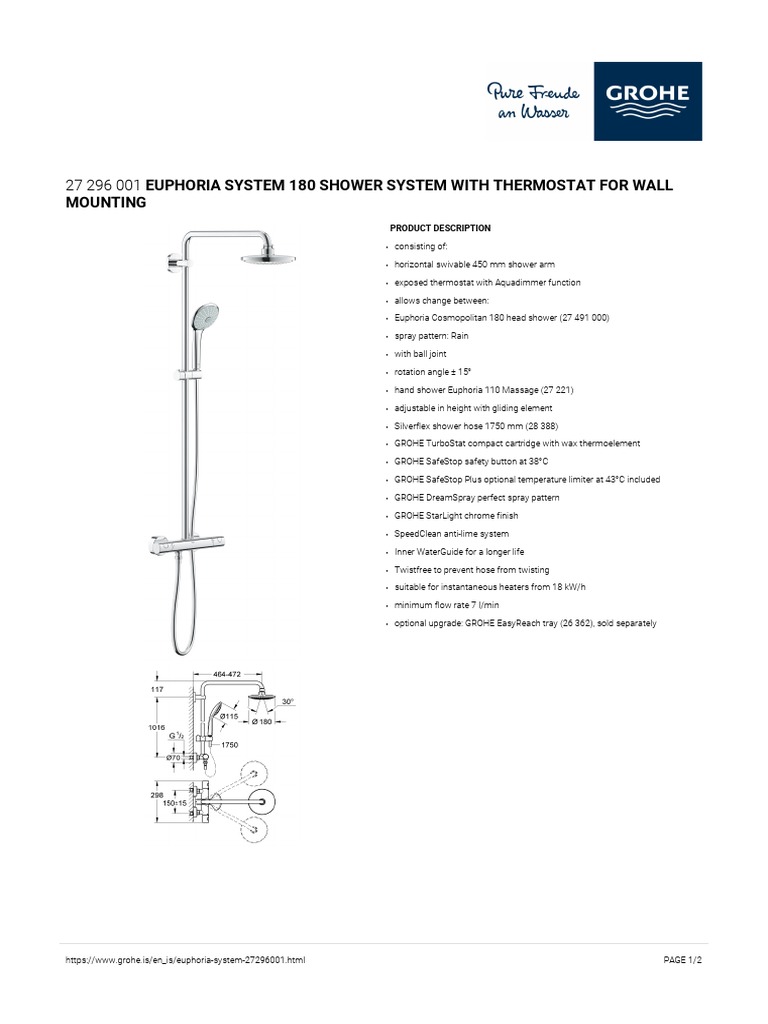 GROHE Specification Sheet 27296001 | PDF | Shower | Valve
