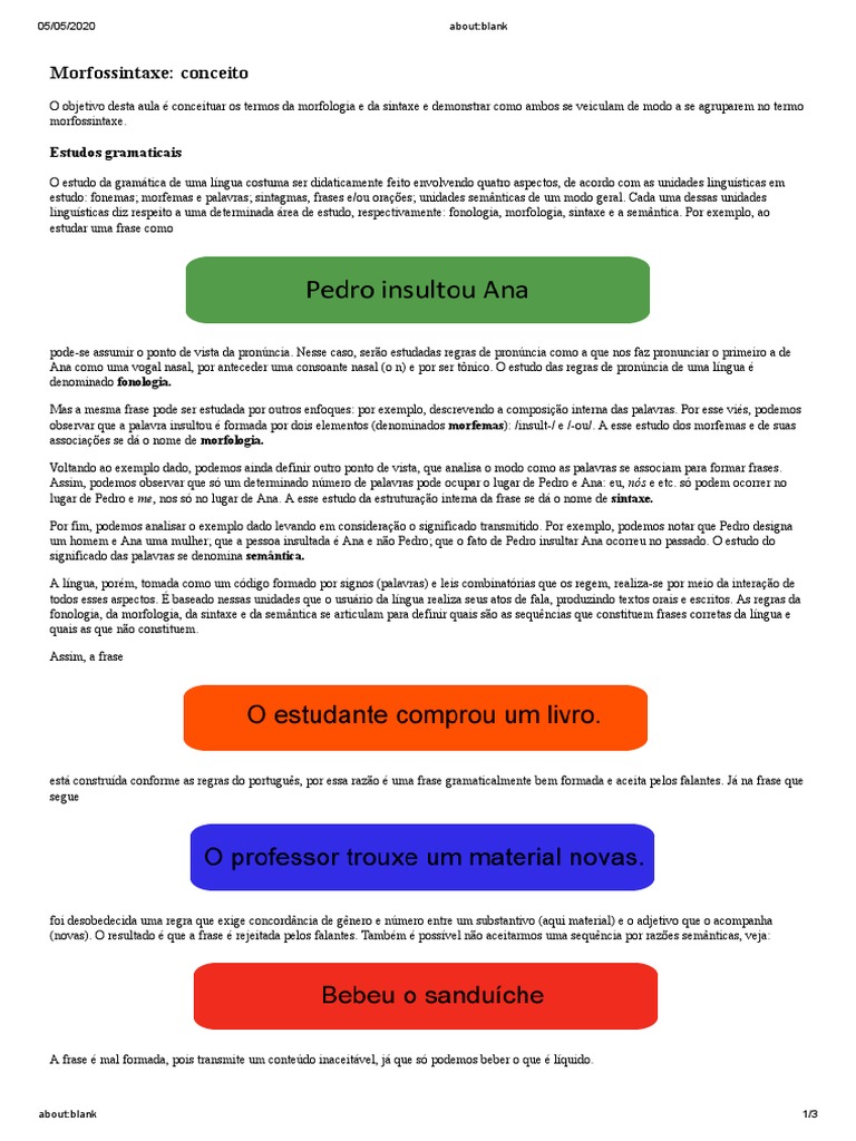 Conceituação da morfologia e da sintaxe e explicação da morfossintaxe ...