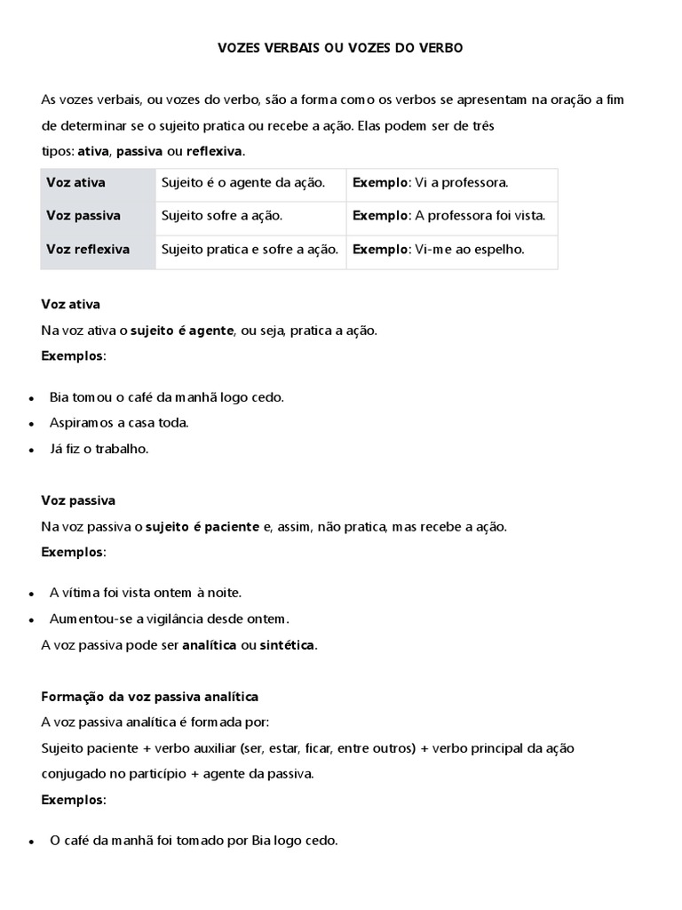 Vozes Verbais Ou Vozes Do Verbo | PDF | Assunto (gramática) | Sintaxe