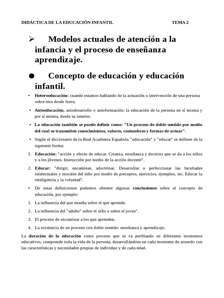 Tema 2 Didactica de La Educacion Infantil | PDF | Aprendizaje | Educación de la primera infancia