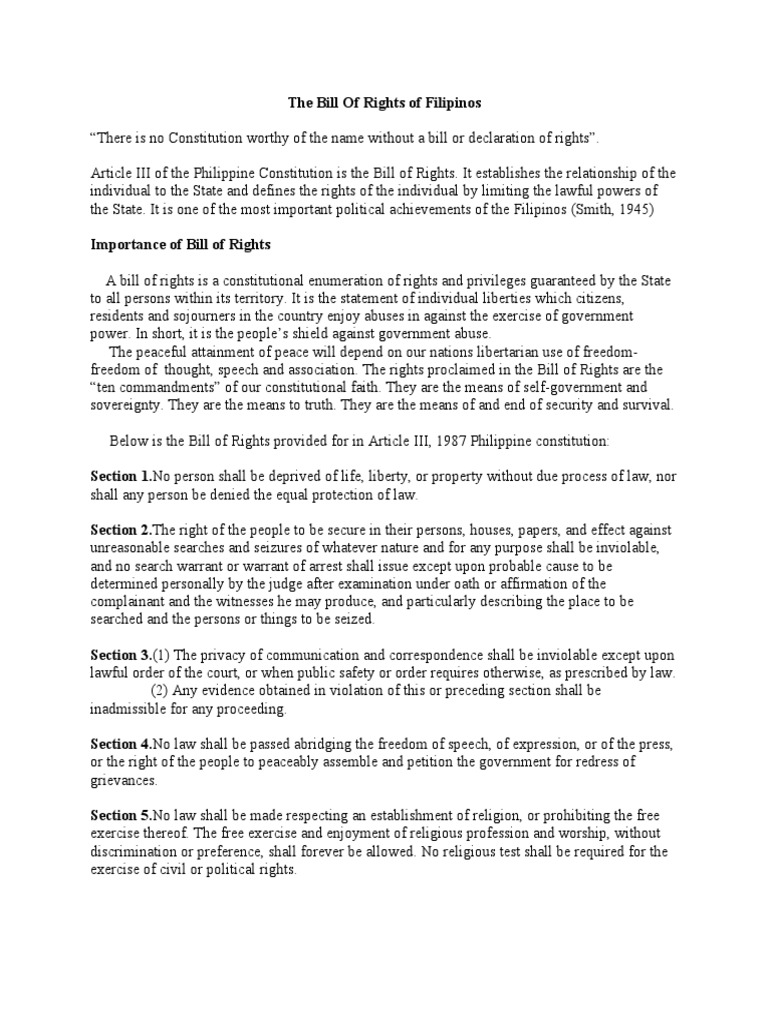 The Bill of Rights of Filipinos | PDF | United States Bill Of Rights ...