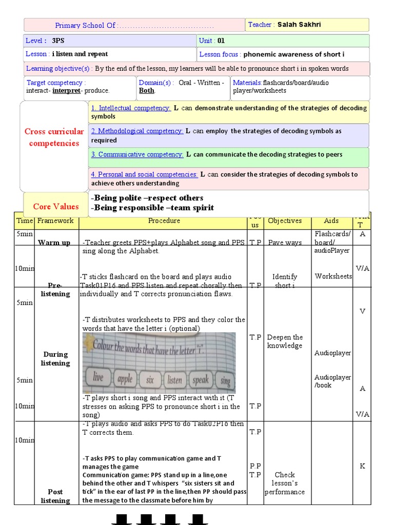Phonemic Awareness Lesson Plan: Short I | PDF | Symbols | Cognitive ...
