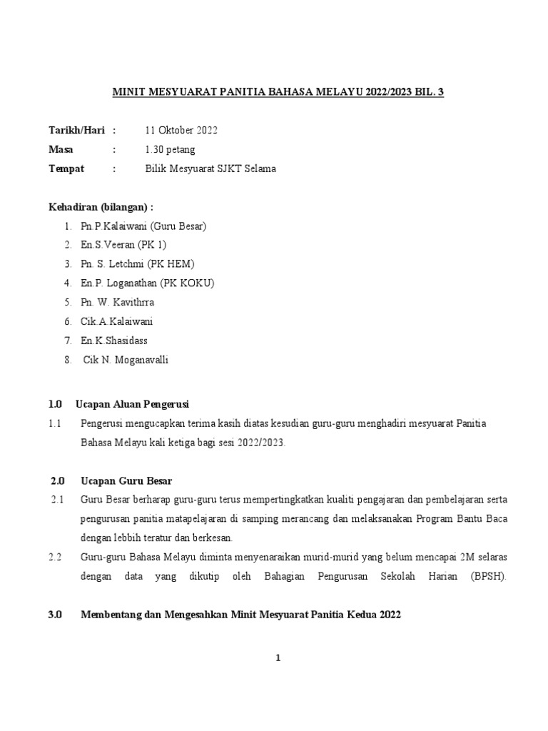 Minit Mesyuarat Panitia Bahasa Melayu 2022 Bil 3 | PDF