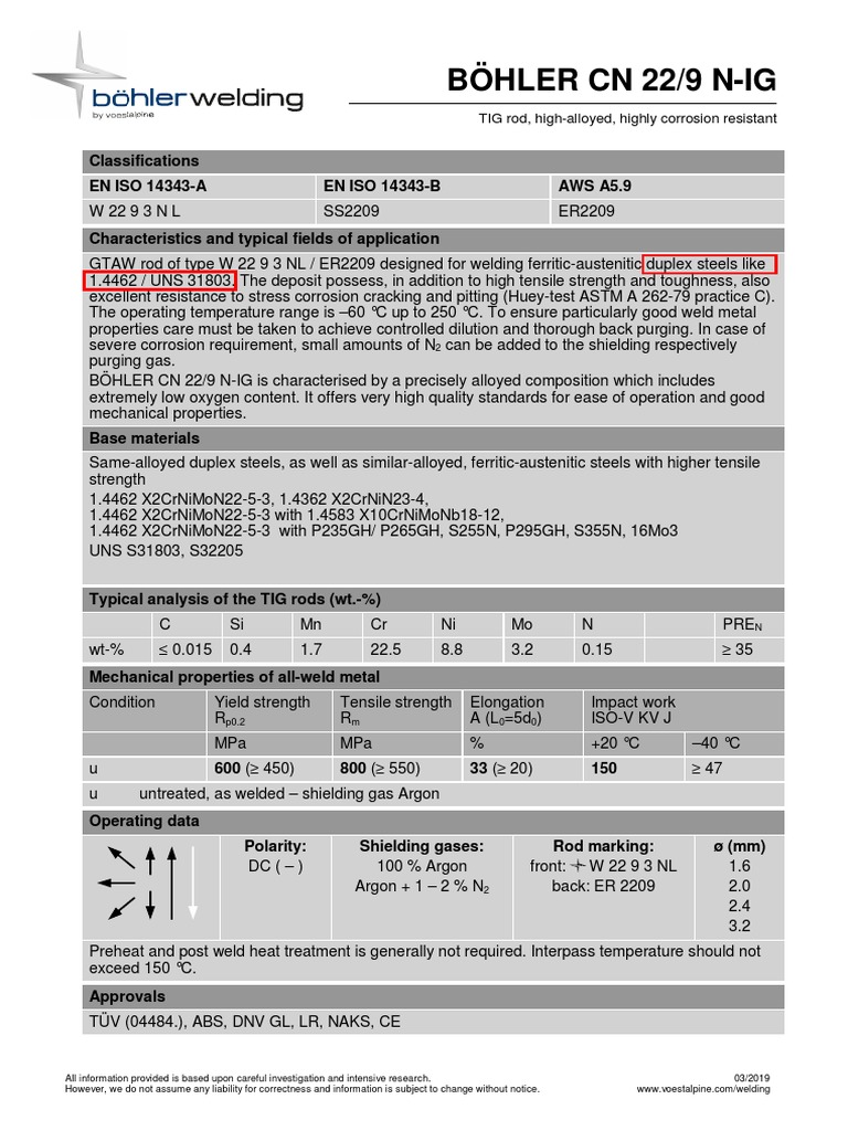 BÖHLER CN 22/9 N-IG TIG Rod Overview | PDF | Construction | Welding