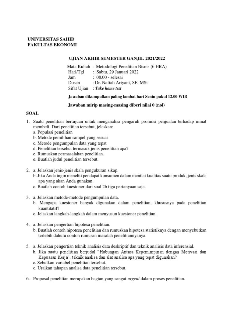 Soal Uas Metodologi Penelitian 6 Hra | PDF | Karier & Perkembangan