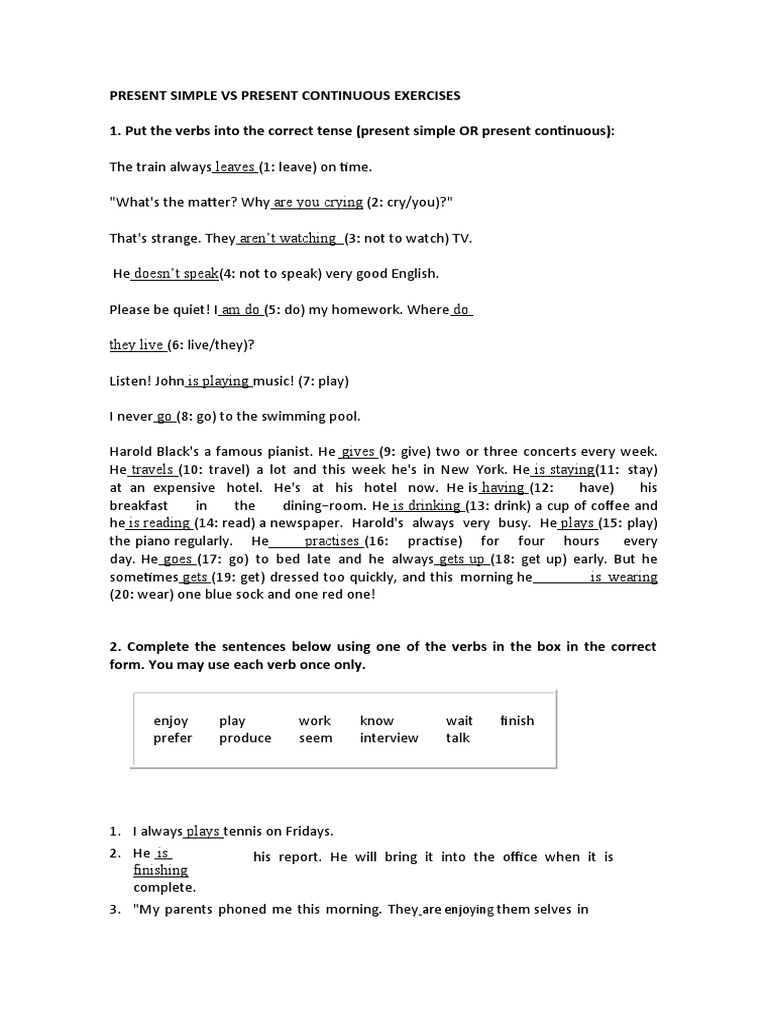 Present Simple vs Continuous Exercises | PDF | Language Arts & Discipline
