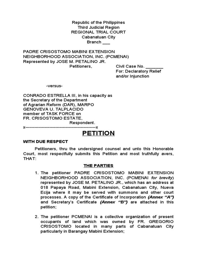 Injunction Draft Padre Crisostomo | PDF | Lawsuit | Affidavit