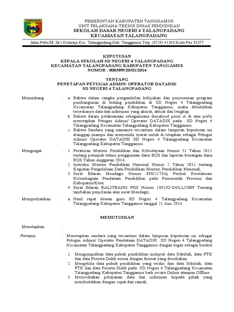 SK Operator Dapodik Untuk SD | PDF
