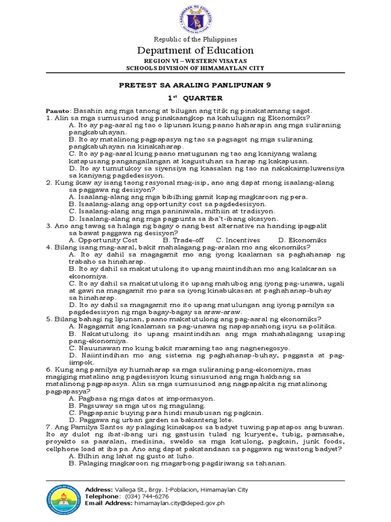 Q1 Ap 9 Diagnostic Test | PDF