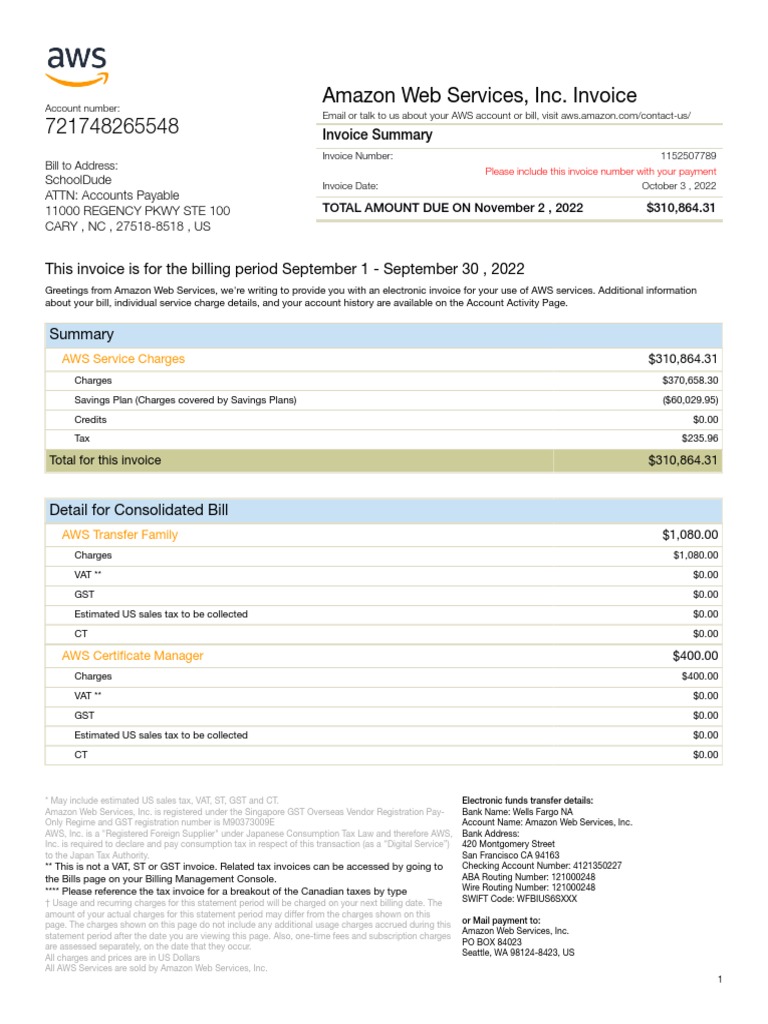 Amazon Web Services, Inc. Invoice: This Invoice Is For The Billing ...