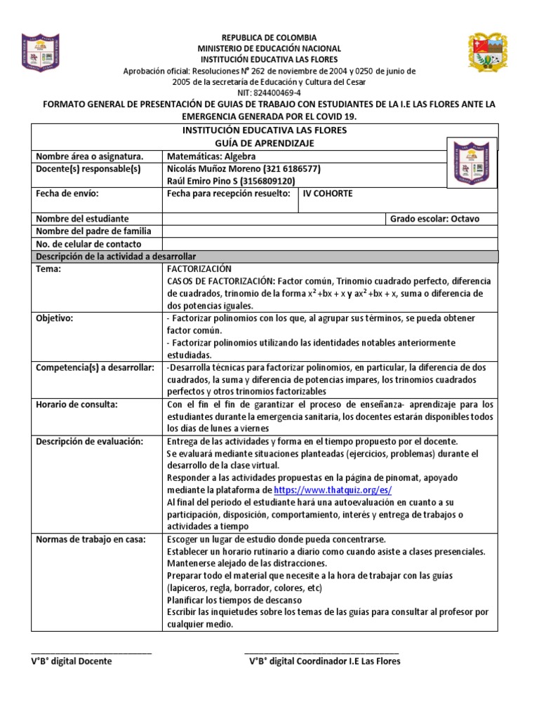 GuíaIELF Matemáticas Grado8° Factorización | PDF | Factorización ...