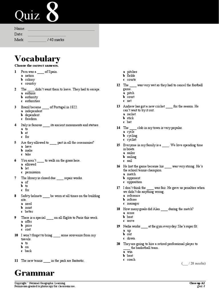 A2 Editable Quiz 8 | Download Free PDF | Athletic Sports | Sports