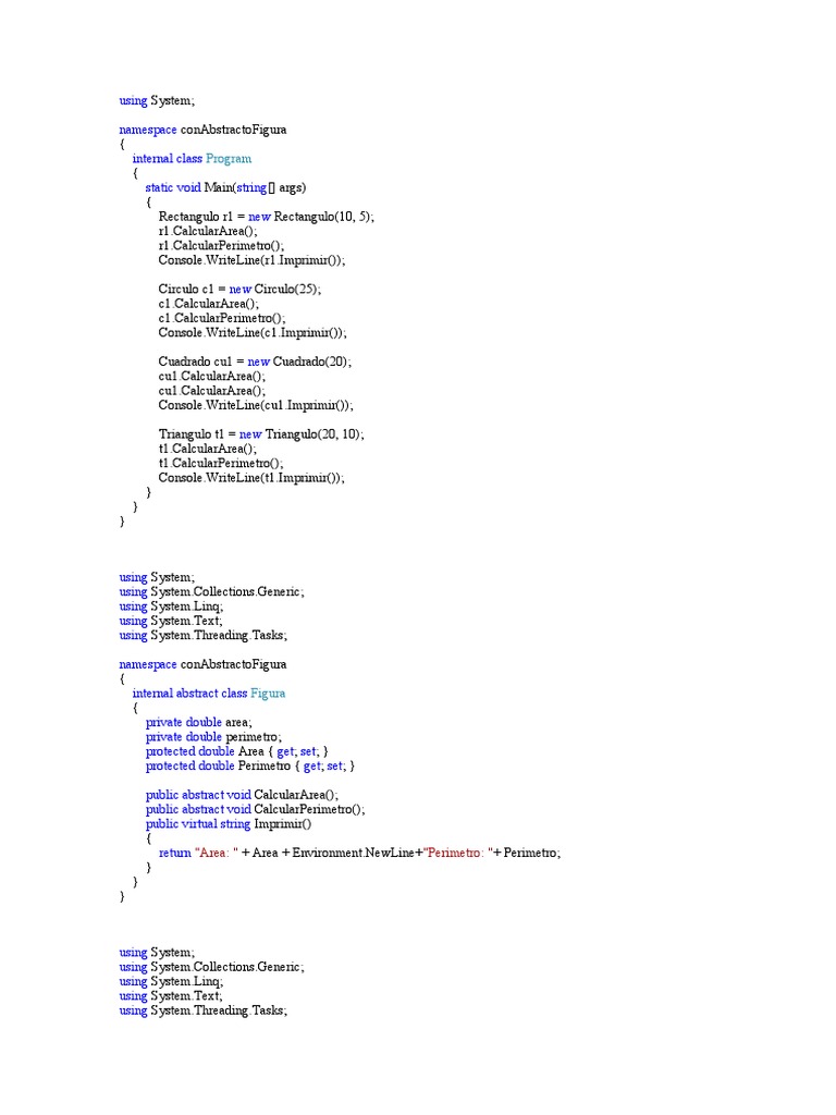 Calculating Areas and Perimeters of Geometric Shapes Using Abstract Classes in C# | PDF ...