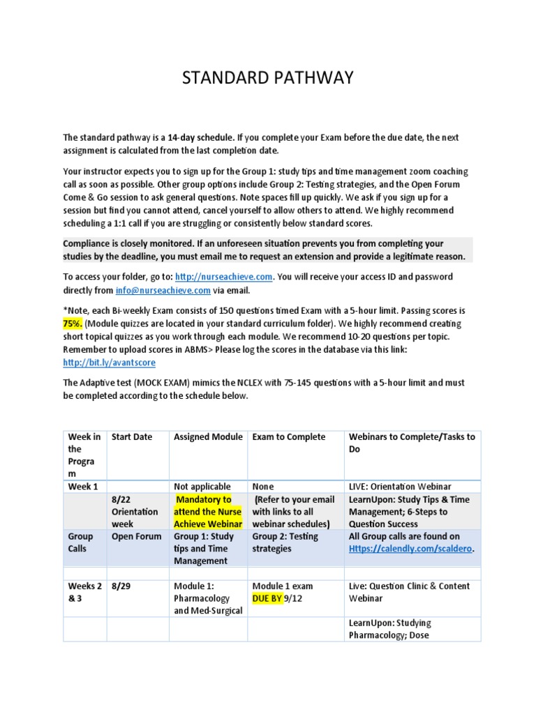 Standard Pathway Schedule Nclex | PDF | National Council Licensure ...