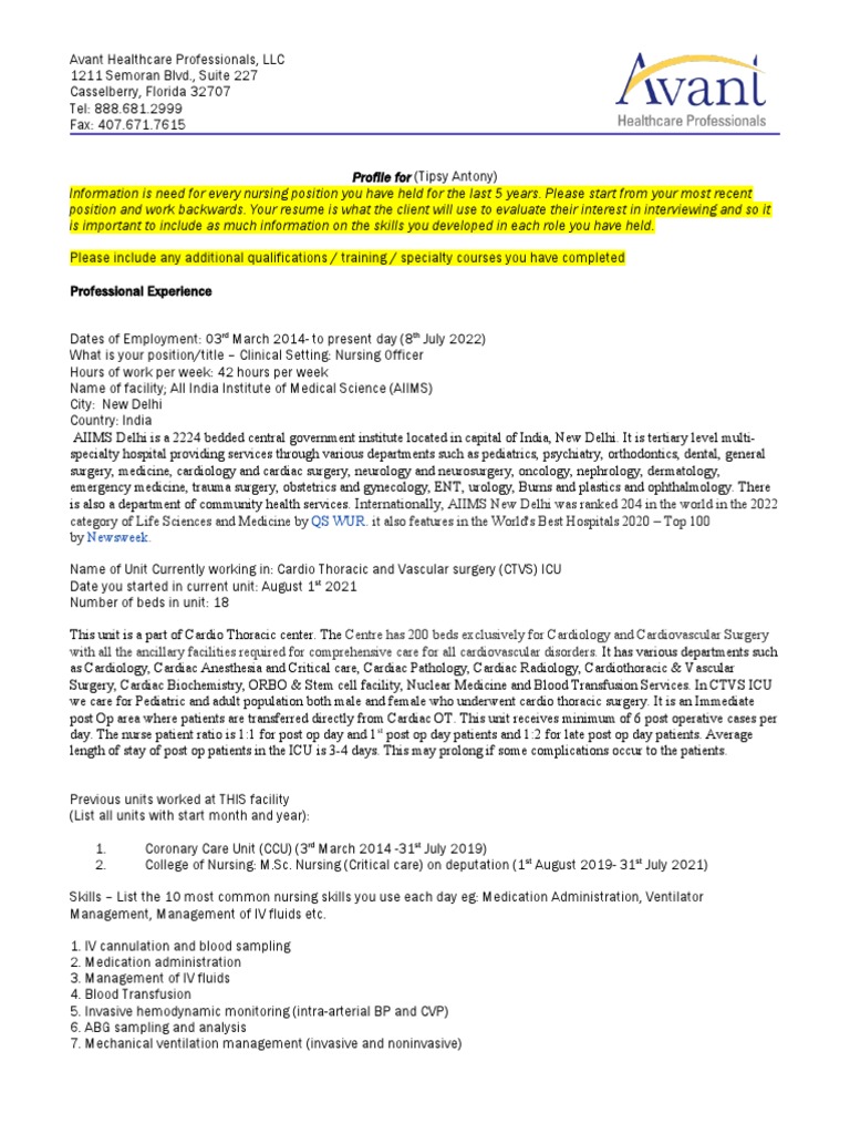 Tipsy Avant Resume | PDF | Cardiology | Cardiothoracic Surgery