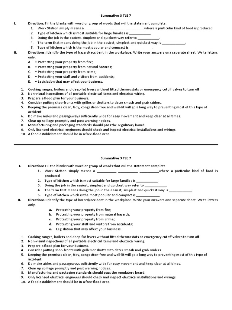Summative 3 TLE 7 | PDF | Kitchen | Foods