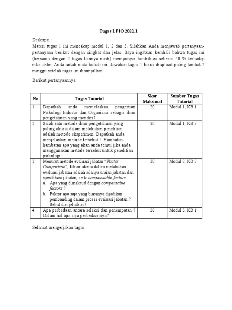 Tugas 1 PIO 2021.1 Psikologi Industri | PDF