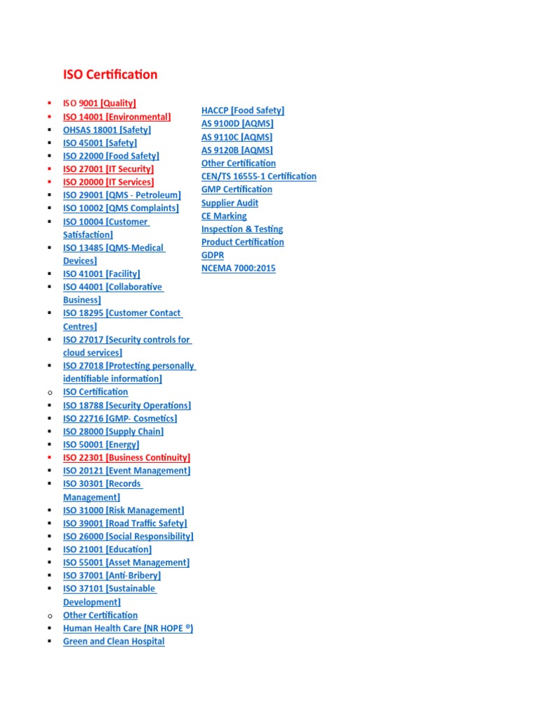 ISO Certification Lists | PDF | Business | Finance & Money Management
