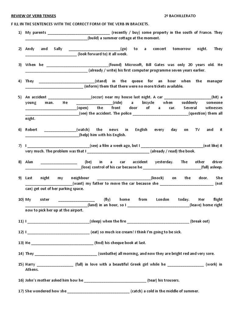 Review of Verb Tenses 2º Bachillerato | PDF
