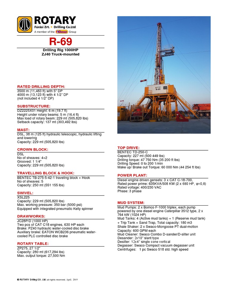 R-69 Rig Data Sheet | PDF | Horsepower | Pump