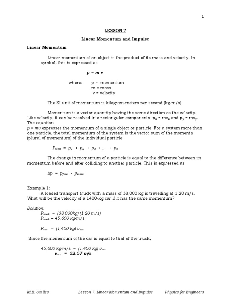 Lesson 7. Linear Momentum and Impulse | PDF | Momentum | Force