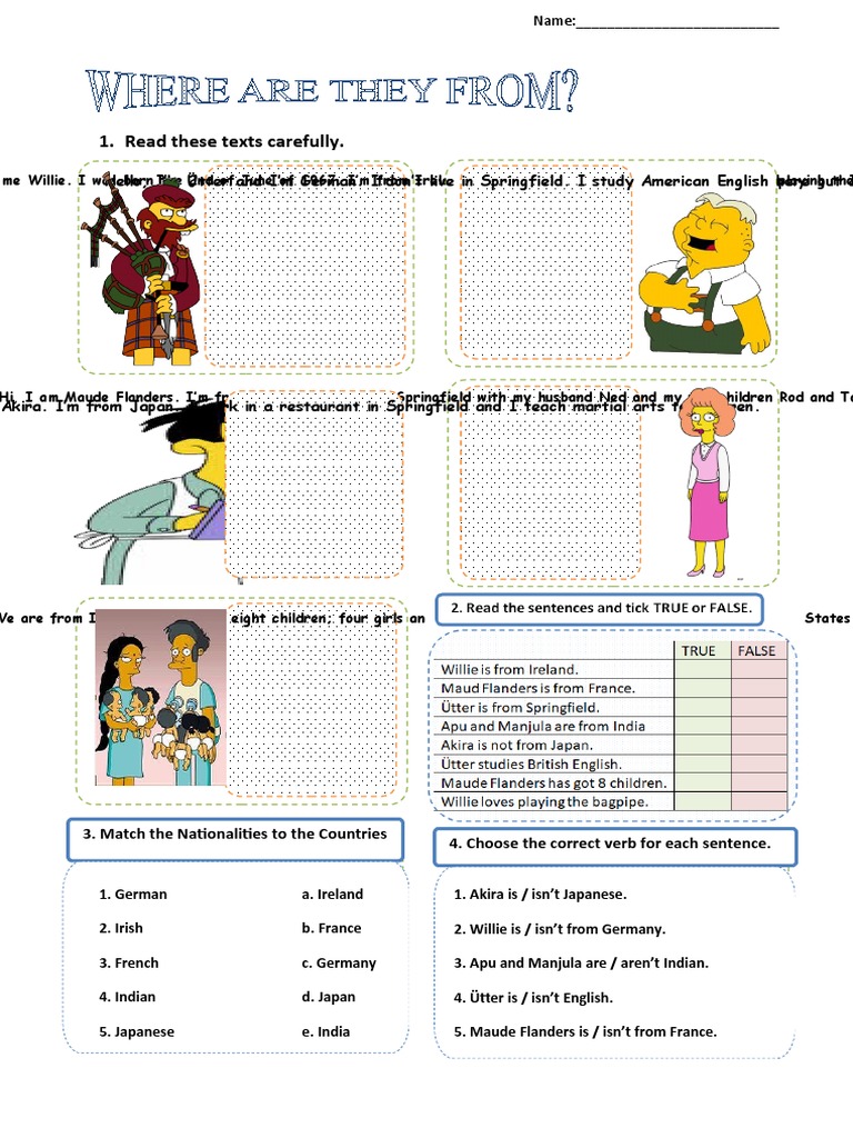 1º 2º ESO Where Are They From? Reading Comprehension | Download Free ...