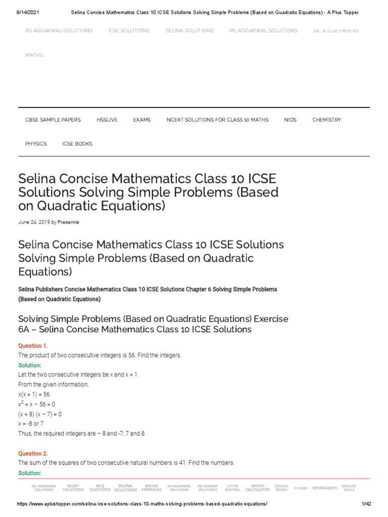 Selina Concise Mathematics Class 10 ICSE Solutions Solving Simple Problems (Based On Quadratic ...
