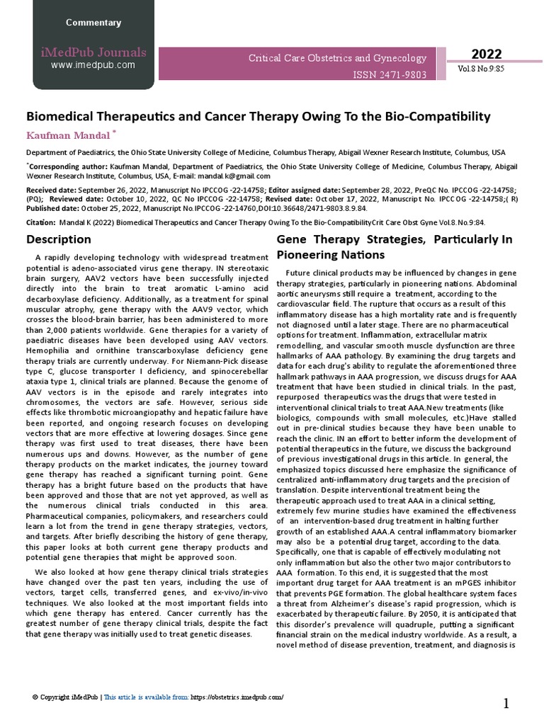Biomedical Therapeutics and Cancer Therapy Owing To The ...