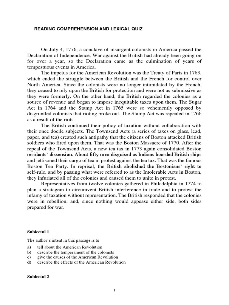 Reading Comprehension and Lexical Quiz | PDF | American Revolution ...