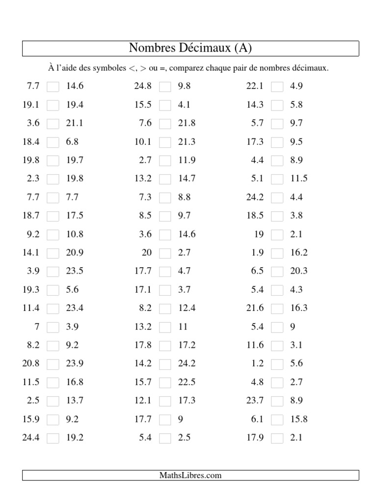 Comparaison des Nombres Décimaux | PDF