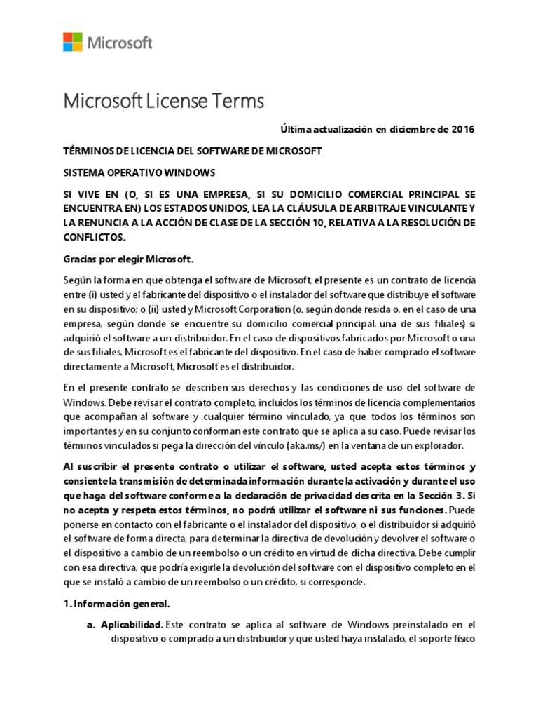 Términos de licencia del sistema operativo Windows de Microsoft que describen los derechos de ...