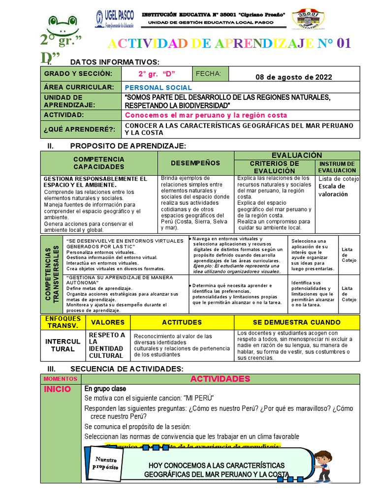 1-PS-la Costa y El Mar Peruano | PDF | Aprendizaje | Perú