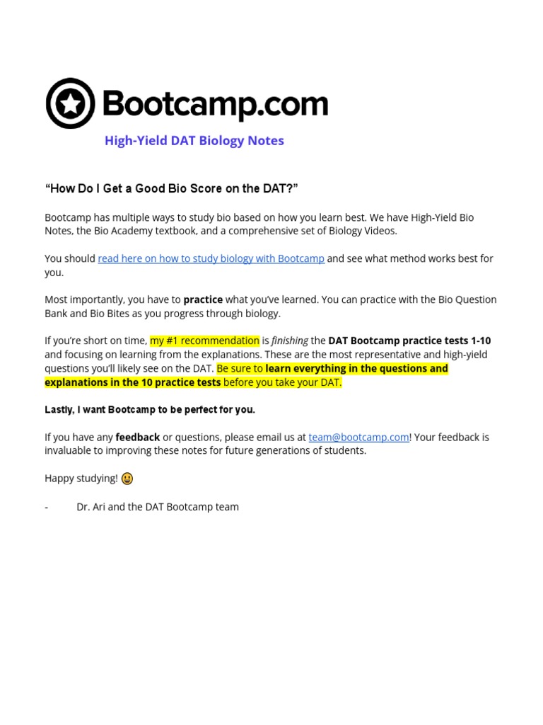 DAT Bootcamp High-Yield Biology Notes | PDF | Rna | Endoplasmic Reticulum