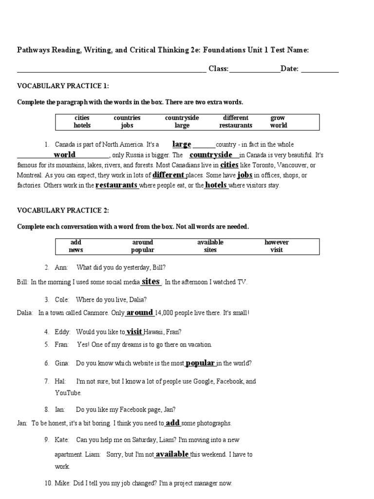Pathways Reading Unit 1 Test | PDF | Myspace | Social Media