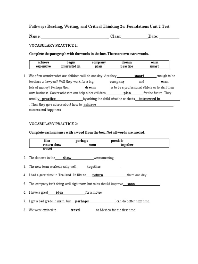 Pathways Reading Unit 2 Test | PDF | Verb