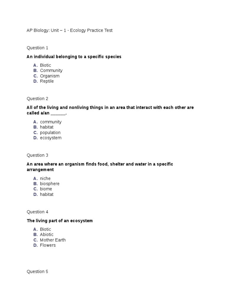 AP Biology Unit - 1 Ecology Practice Test | PDF | Ecosystem | Ecology