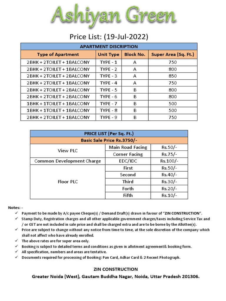 Greater Noida Apartment Price List | PDF | Payments | Public Finance