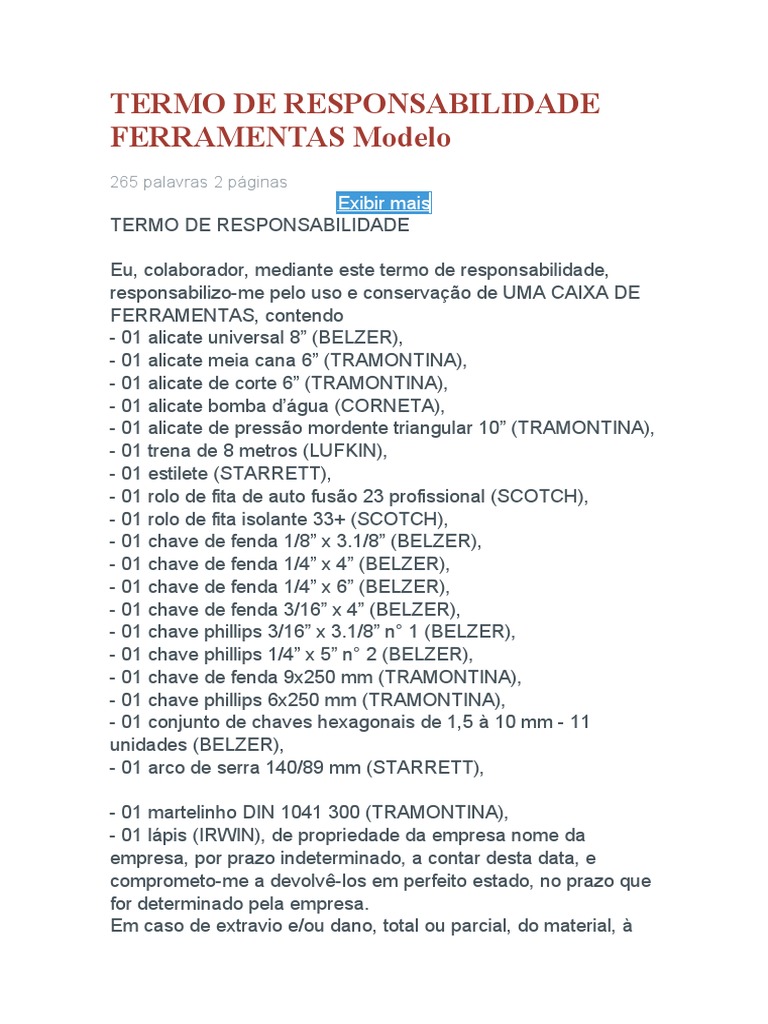 Termo de Responsabilidade Ferramentas Modelo | PDF