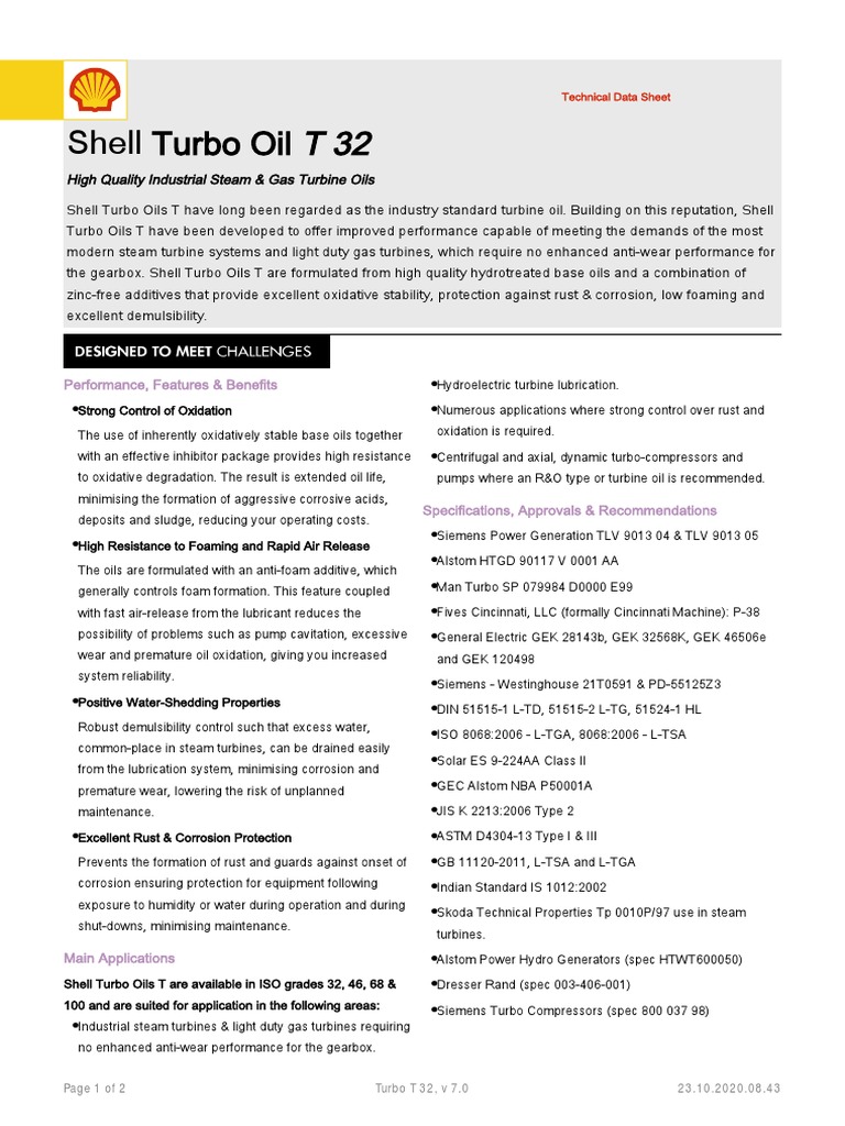 Shell Turbo Oil T 32 Specifications | PDF | Motor Oil | Gas Turbine