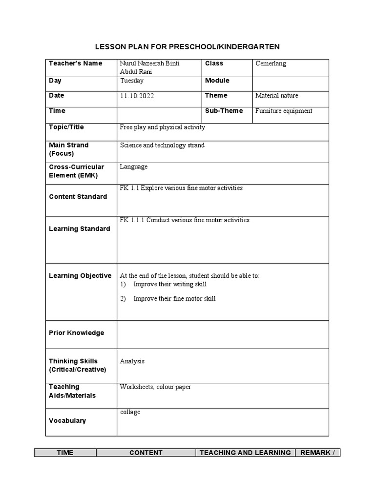 Preschool Fine Motor Skills Lesson Plan | PDF | Teaching Method ...