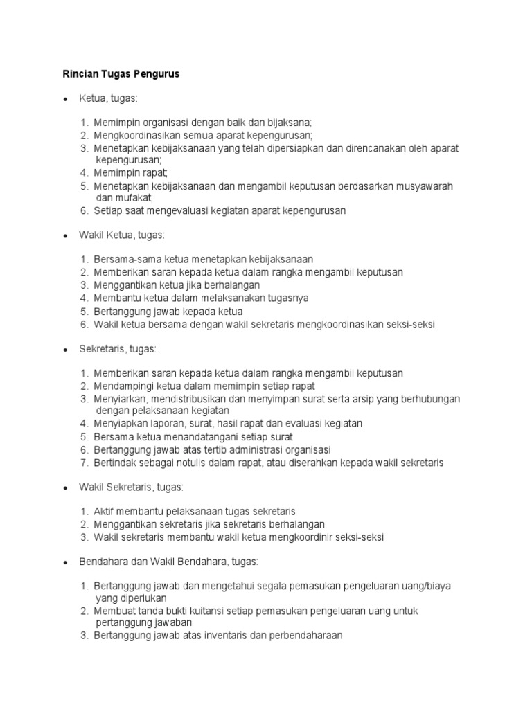 Struktur Dan Rincian Tugas Pengurus | PDF Struktur Dan Rincian Tugas Pengurus | PDF