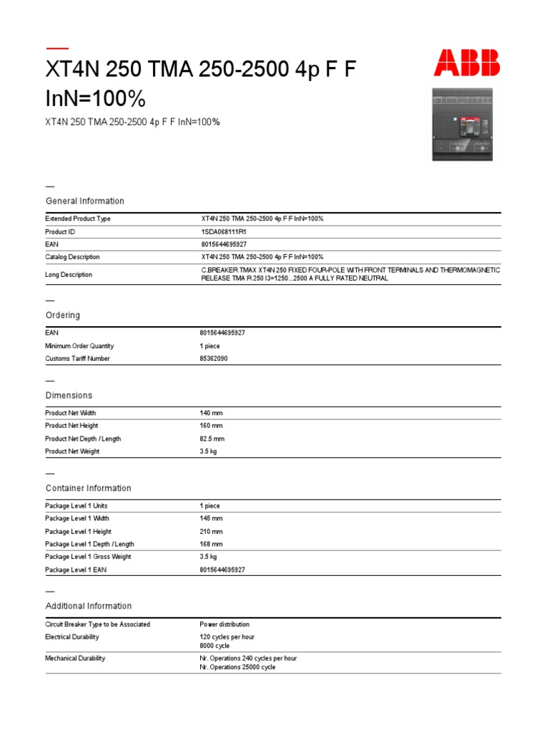 ABB SACE Tmax XT4N 250 Overview | PDF | Transformer | Electric Power ...
