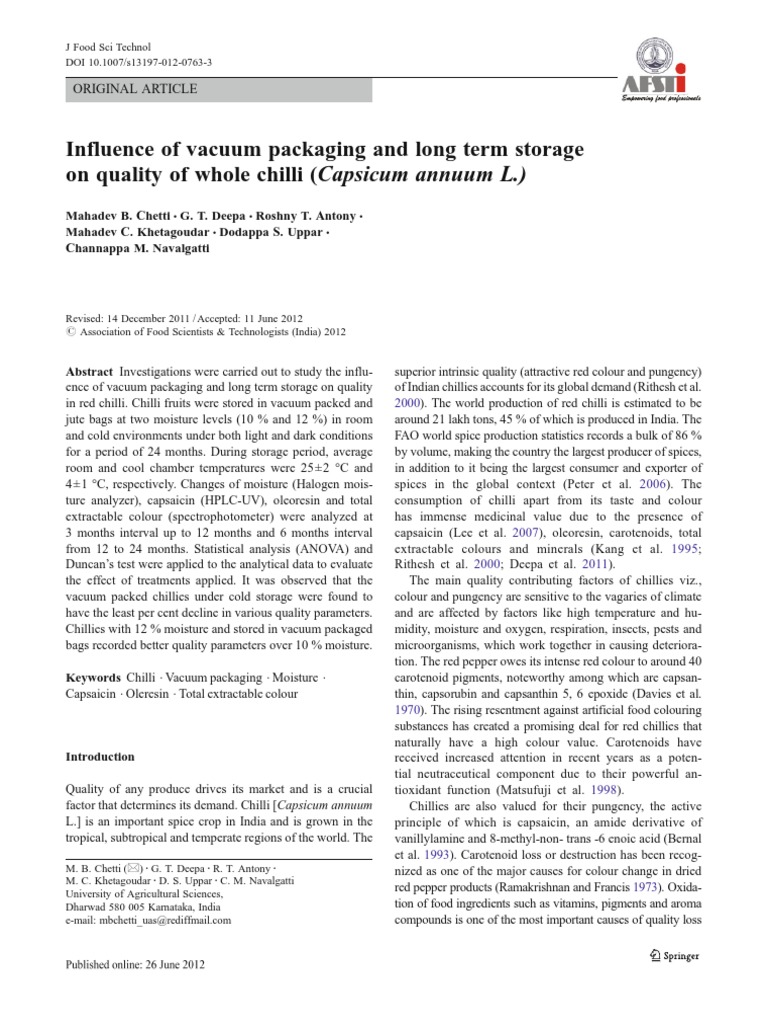 Influence of Vacuum Packaging and Long Term Storage On Quality of Whole Chilli (Capsicum Annuum ...