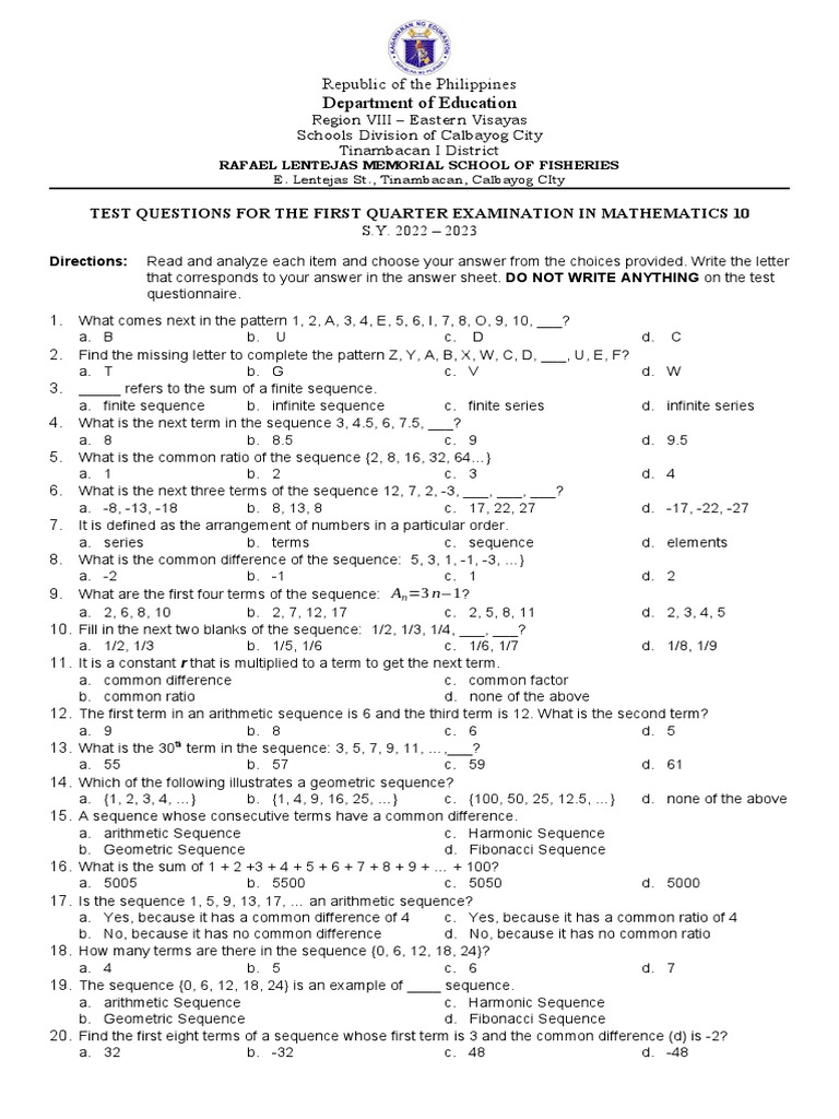 Analysis of the First Quarter Examination in Mathematics 10 at Rafael ...