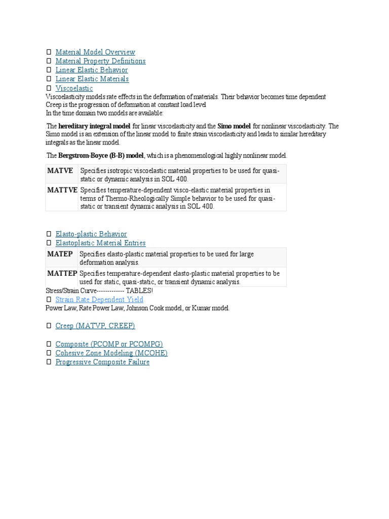Material Model Overview | PDF | Viscoelasticity | Elasticity (Physics)