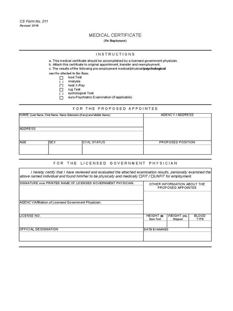 Cs Form No 211 Revised 2018 Medical Certificate Pdf