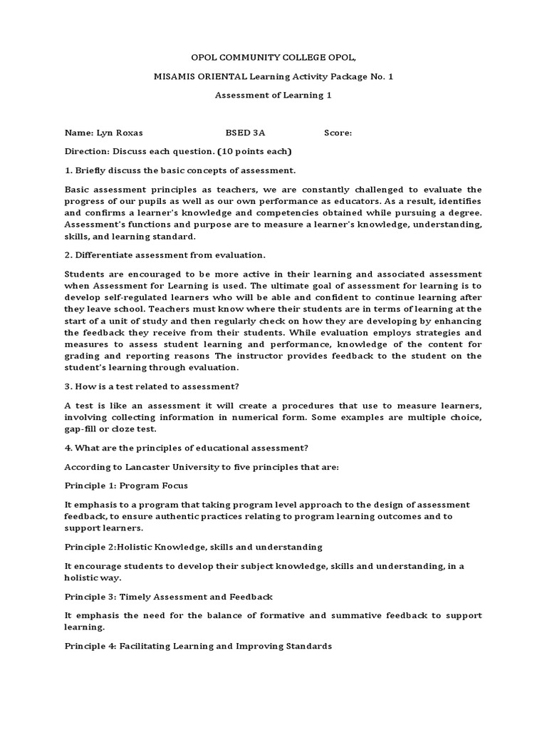 Assessment Principles and Procedures: A Learning Activity Package on Evaluating Student ...