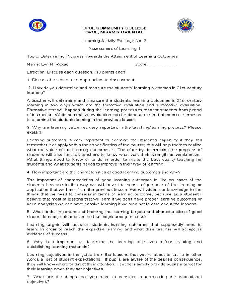 Lyn Roxas - LAP No. 3-Assessment of Learning 1 | PDF | Learning ...